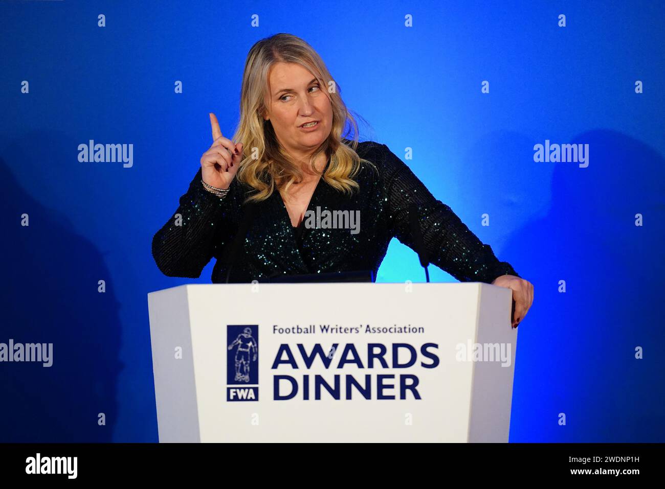 Emma Hayes speaks during a Football Writers' Association dinner at the ...
