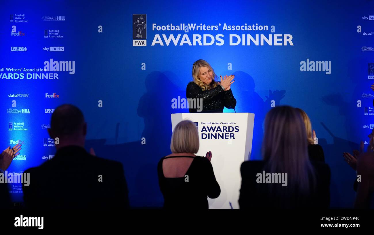 Emma Hayes speaks during a Football Writers' Association dinner at the ...