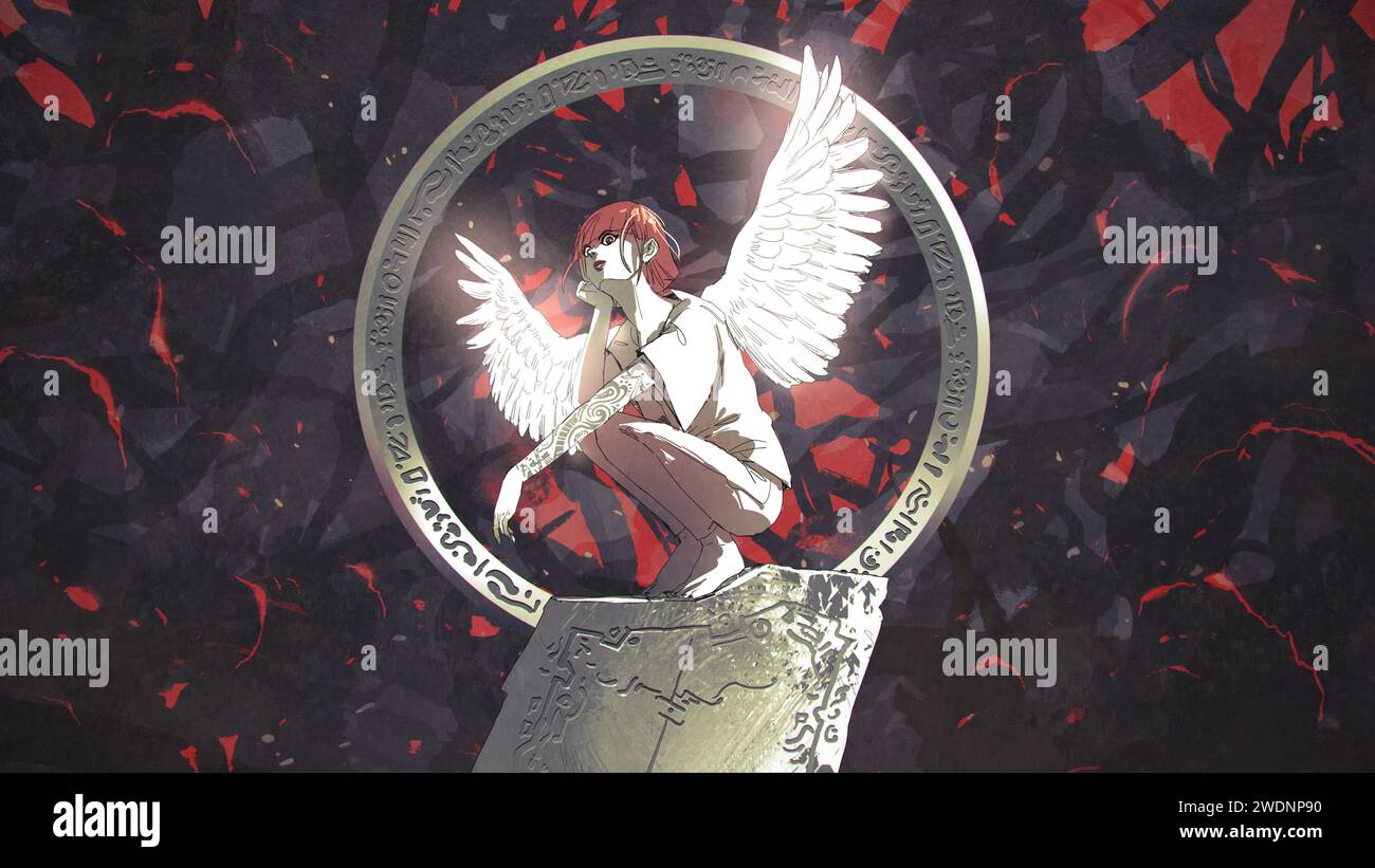 A red-haired angel in casual clothes sits on a carved stone, digital ...