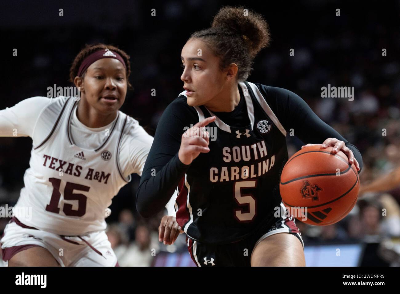 South Carolina guard Tessa Johnson (5) drives the baseline against ...