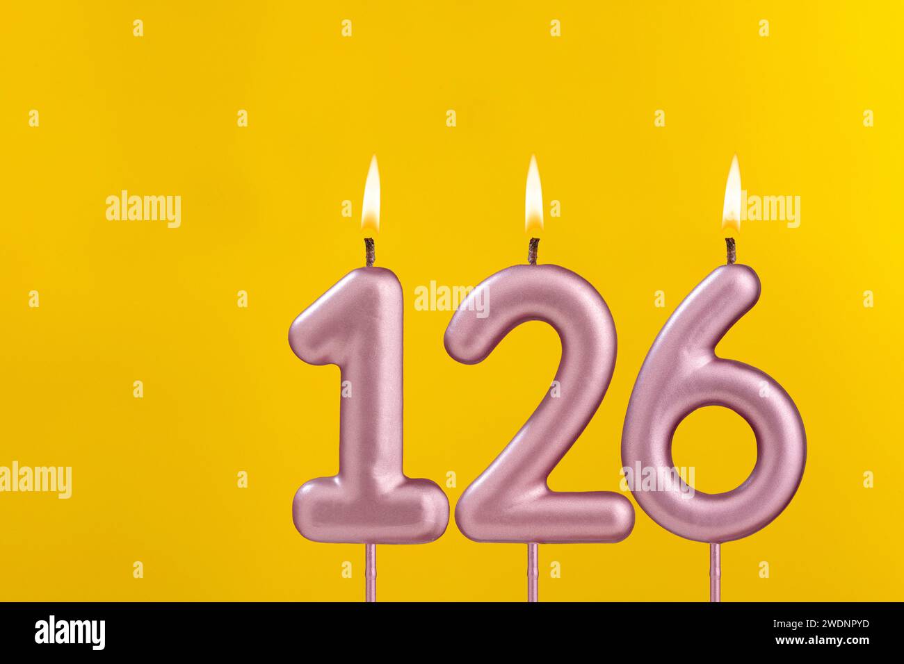 Candle 126 with flame - Birthday card on yellow luxury background Stock ...