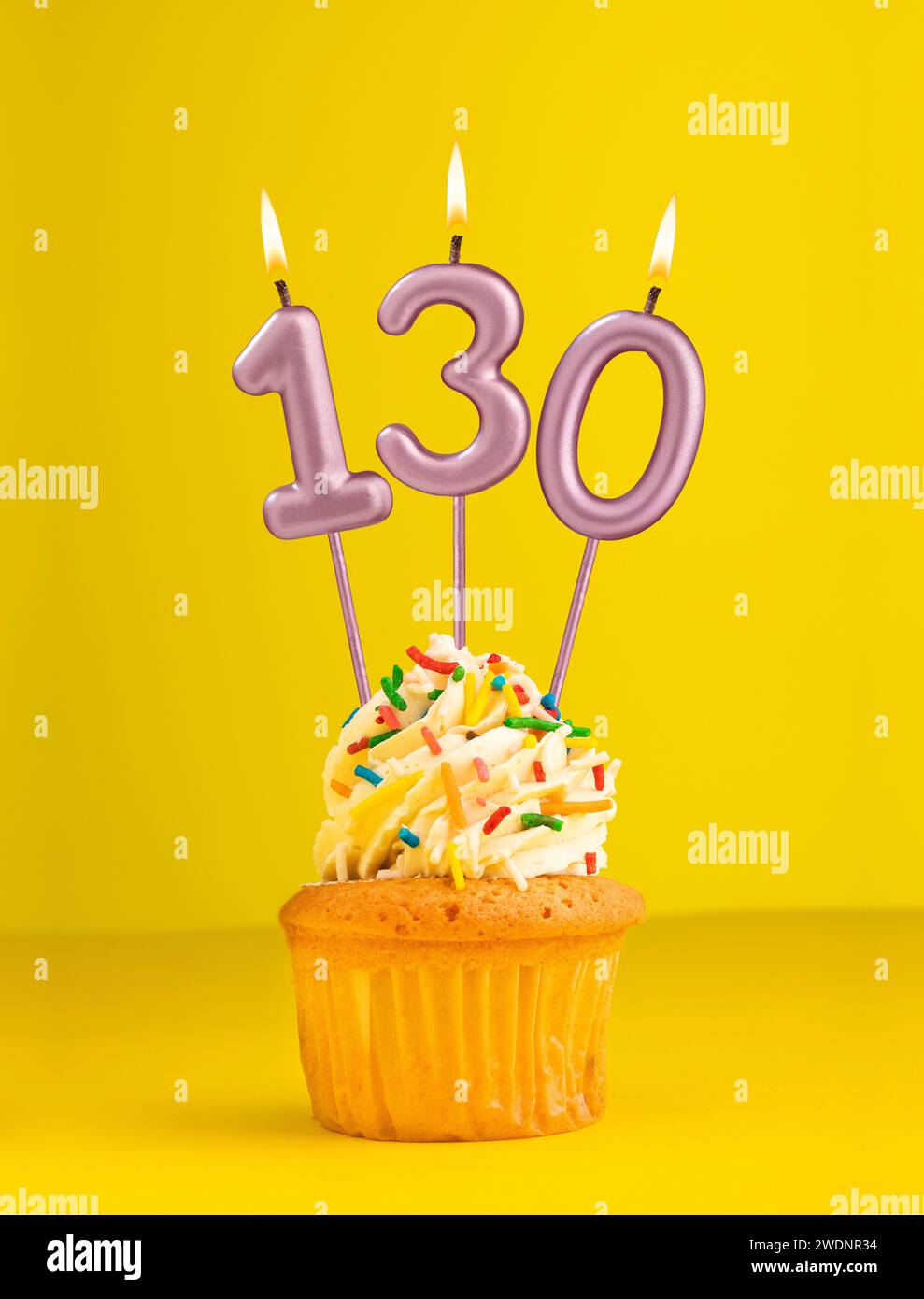 Number 130 candle - Birthday card design in yellow background Stock ...