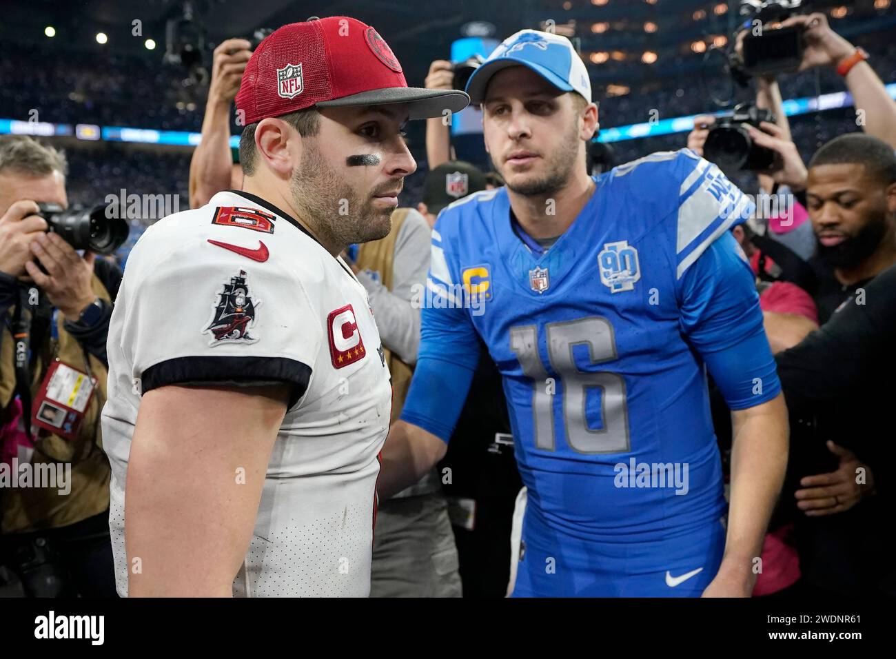 Tampa Bay Buccaneers quarterback Baker Mayfield, left, and Detroit Lions quarterback Jared Goff ...
