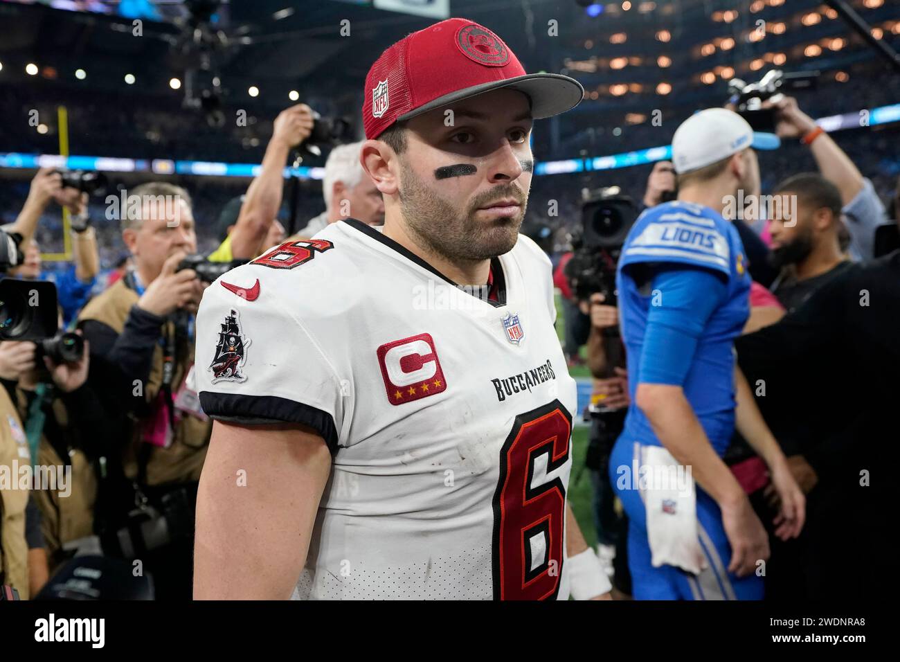 Tampa Bay Buccaneers quarterback Baker Mayfield walks on the field ...