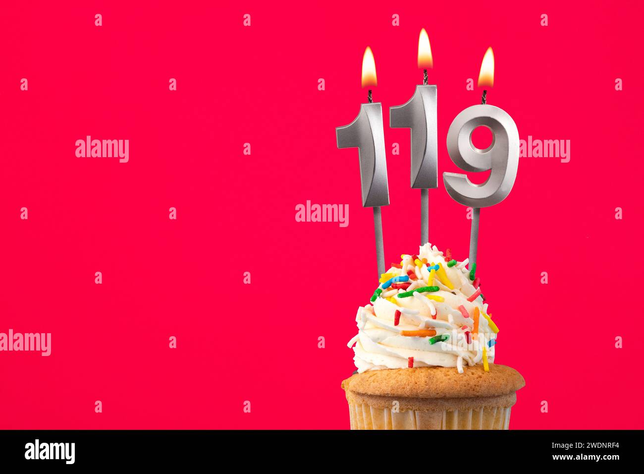 Horizontal birthday card with cupcake - Burning candle number 119 Stock ...