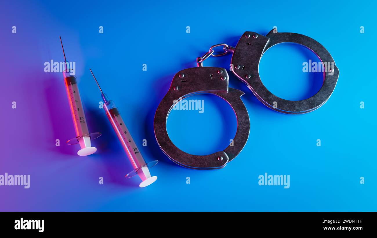 Drug crime concept background with syringe and handcuffs,3d rendering ...