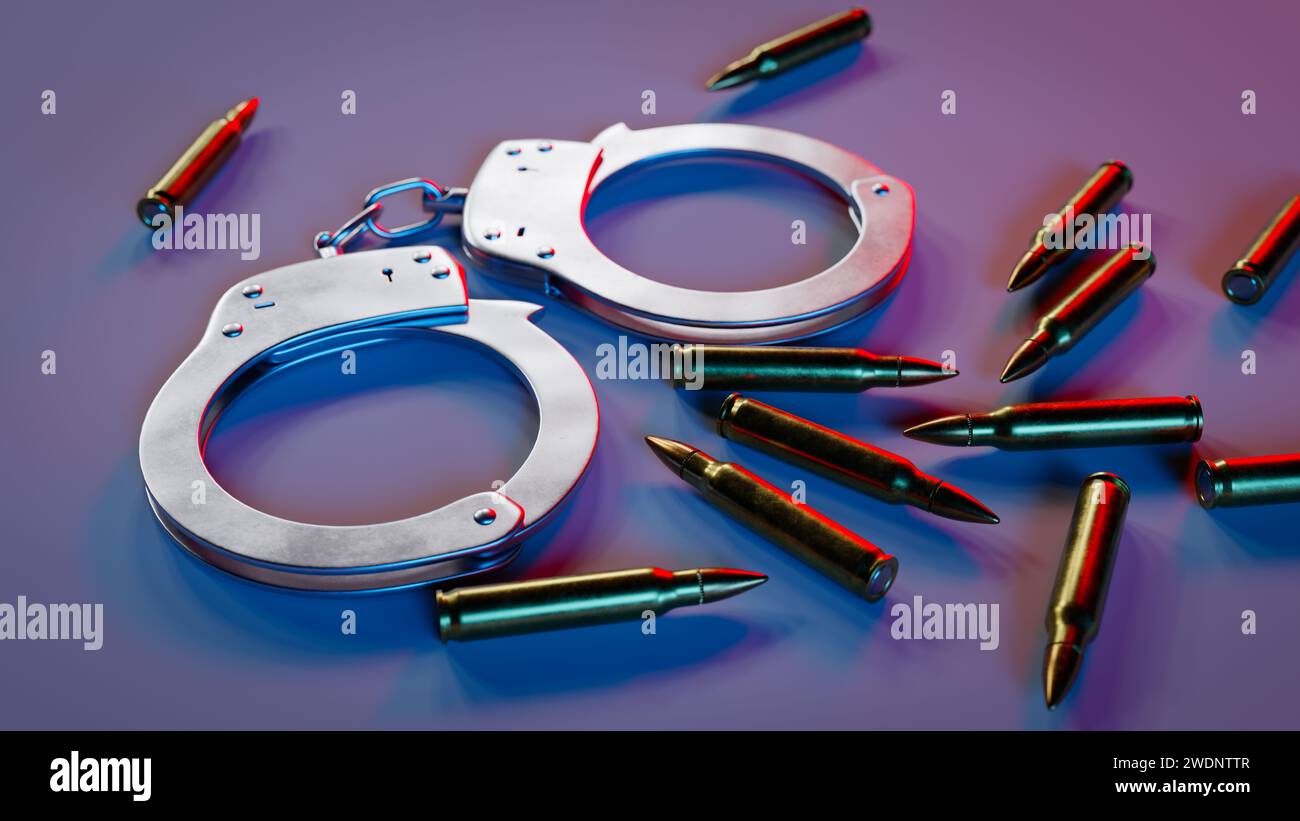Crime concept with firearms with bullets on the floor and handcuffs,3d ...