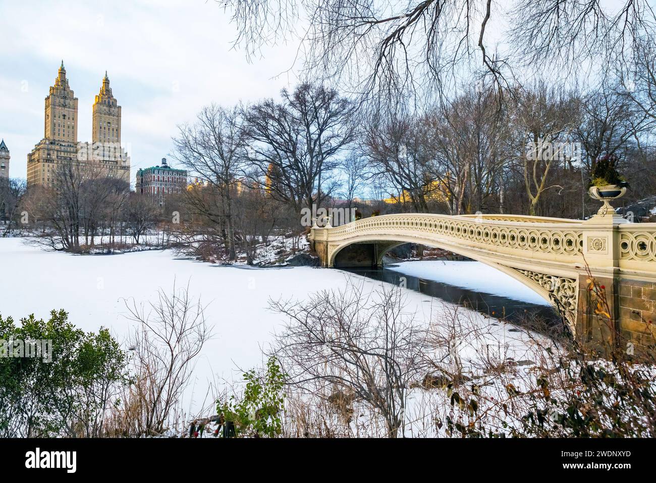 Panoramic view of New York Central Park Bow bridge ice lake and Upper ...