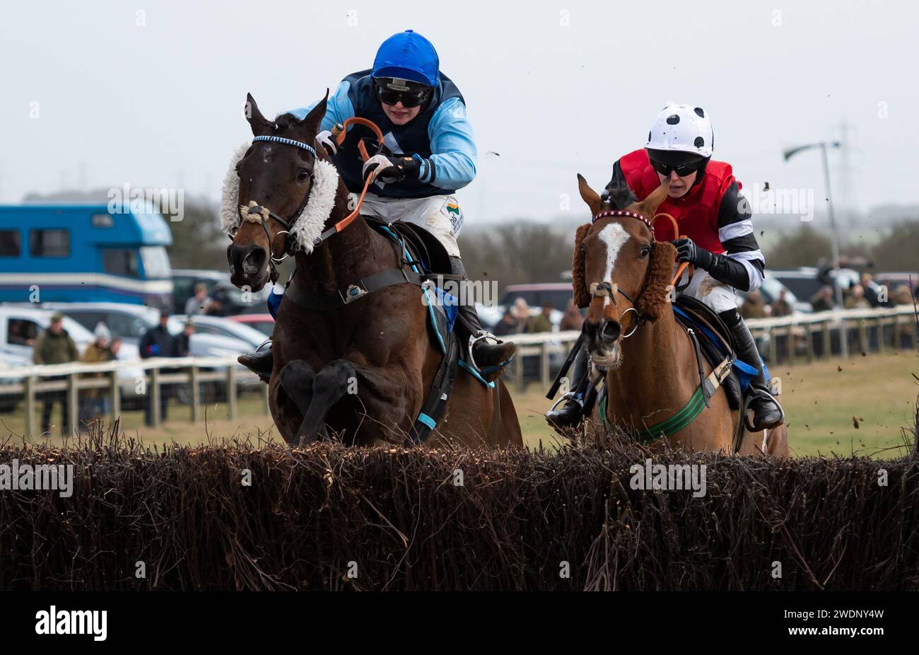 Master Templar and jockey Miss Gina Andrews win the Ladies Open Race at the Heythrop Hunt P2P at ...