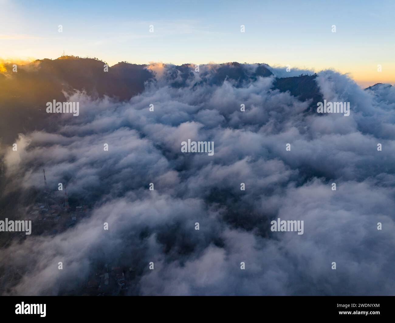 Aerial view of flowing fog waves on mountain tropical rainforest,Bird ...