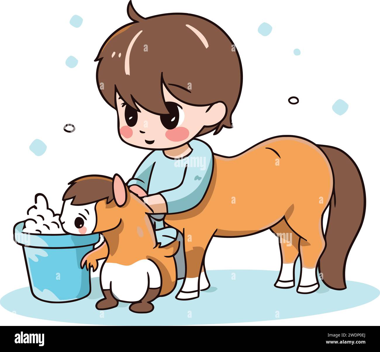 Little boy washing his dog with soap and water. Vector illustration ...