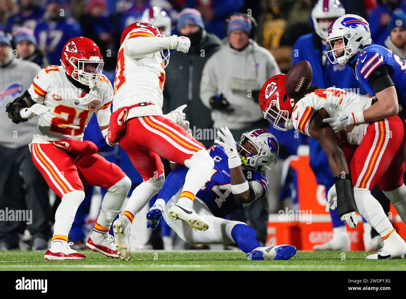 Buffalo Bills wide receiver Stefon Diggs (14) fumbles the ball against ...