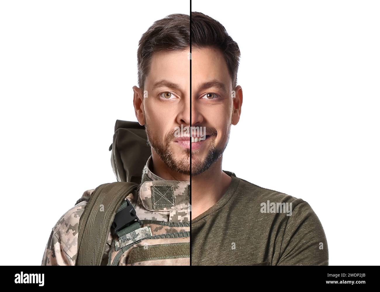 Military and civil man isolated on white, collage dividing portrait ...