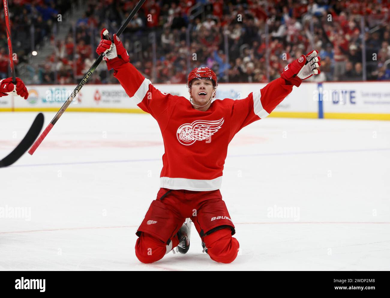 Detroit Red Wings left wing Lucas Raymond (23) celebrates after scoring ...