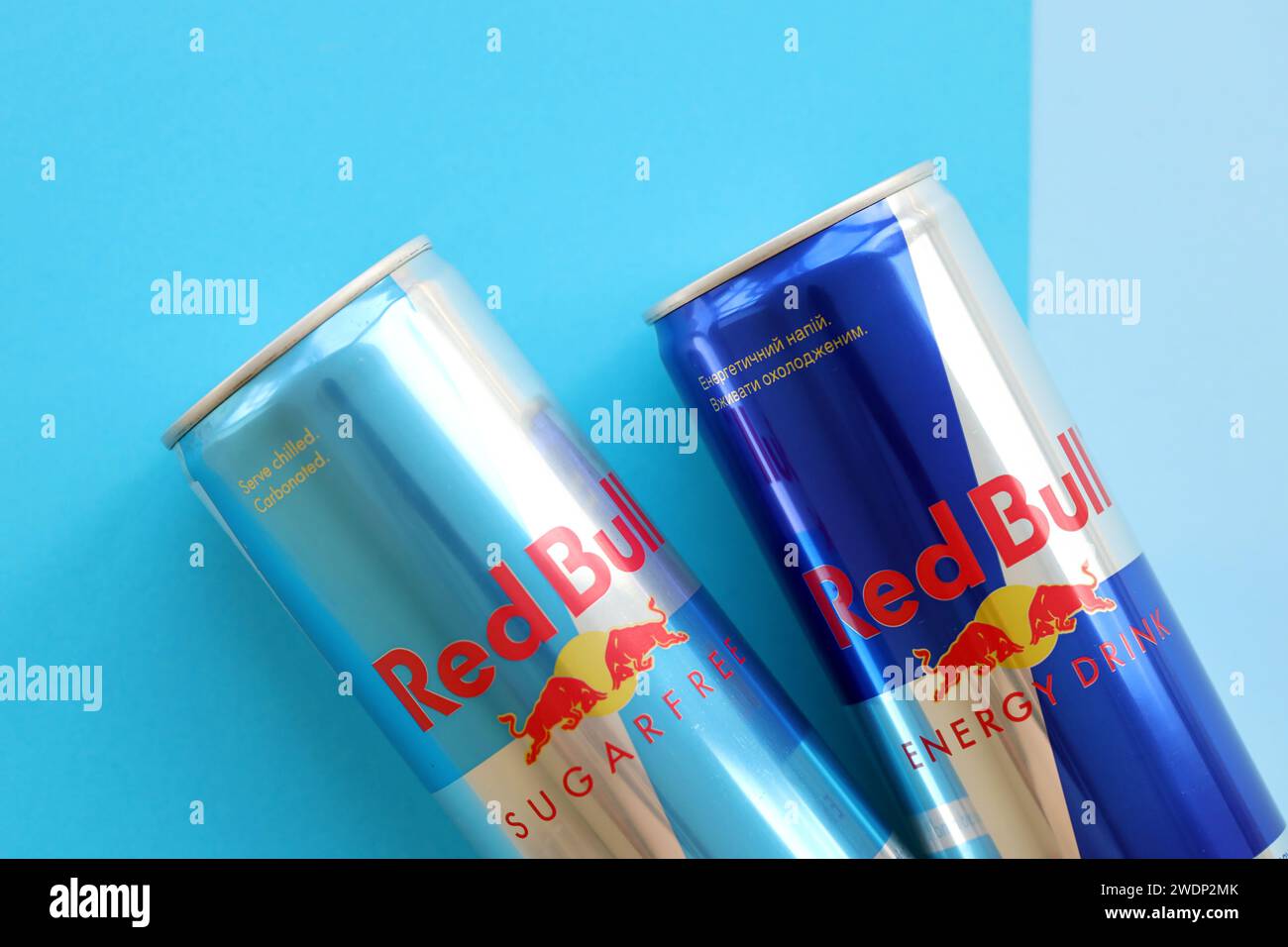 TERNOPIL, UKRAINE - JULY 7, 2023 Red Bull energy drink aluminium tin ...