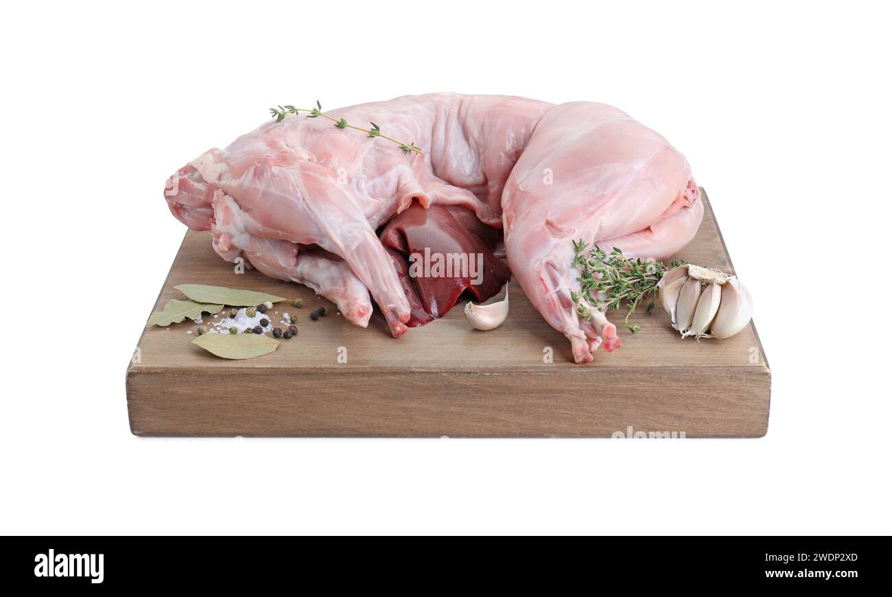 Whole raw rabbit, liver and spices isolated on white Stock Photo - Alamy