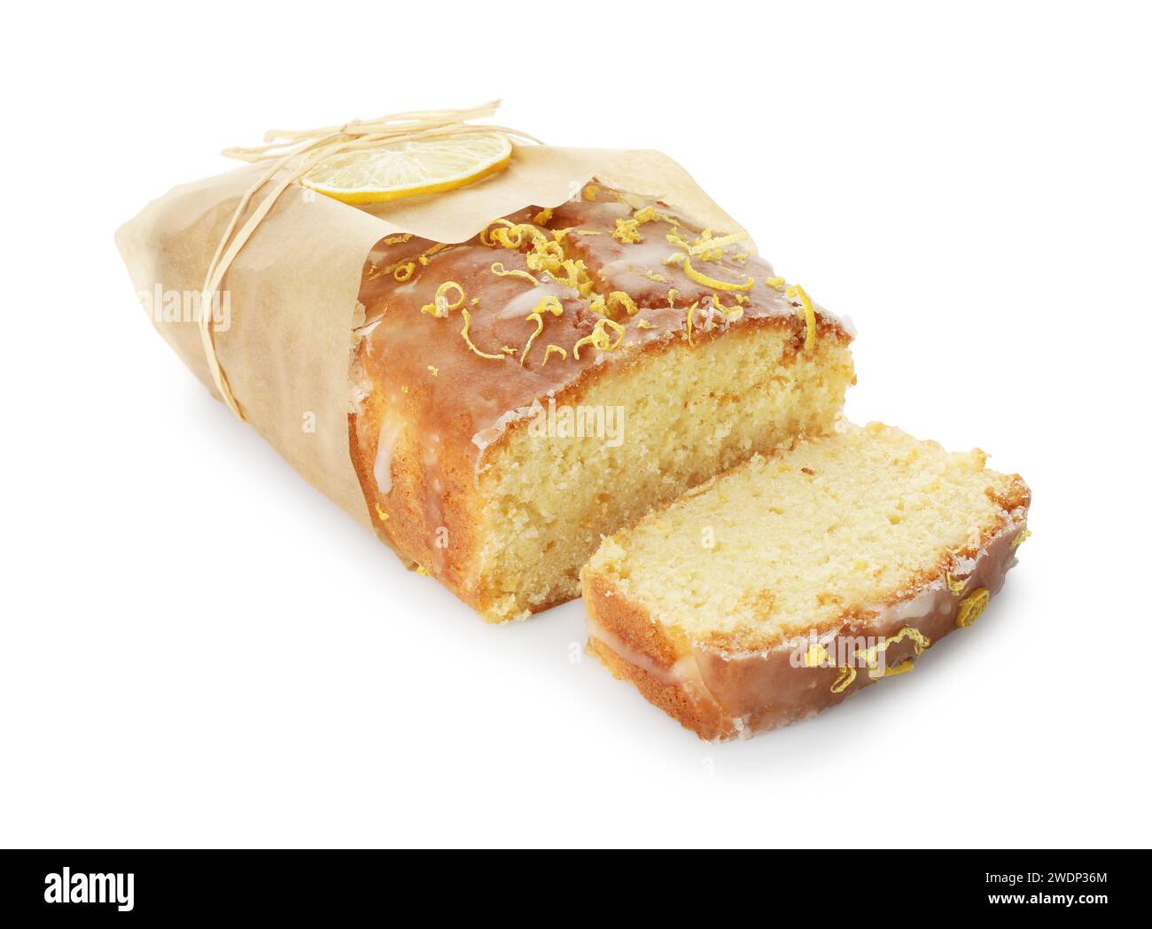 Wrapped tasty lemon cake with glaze isolated on white Stock Photo - Alamy