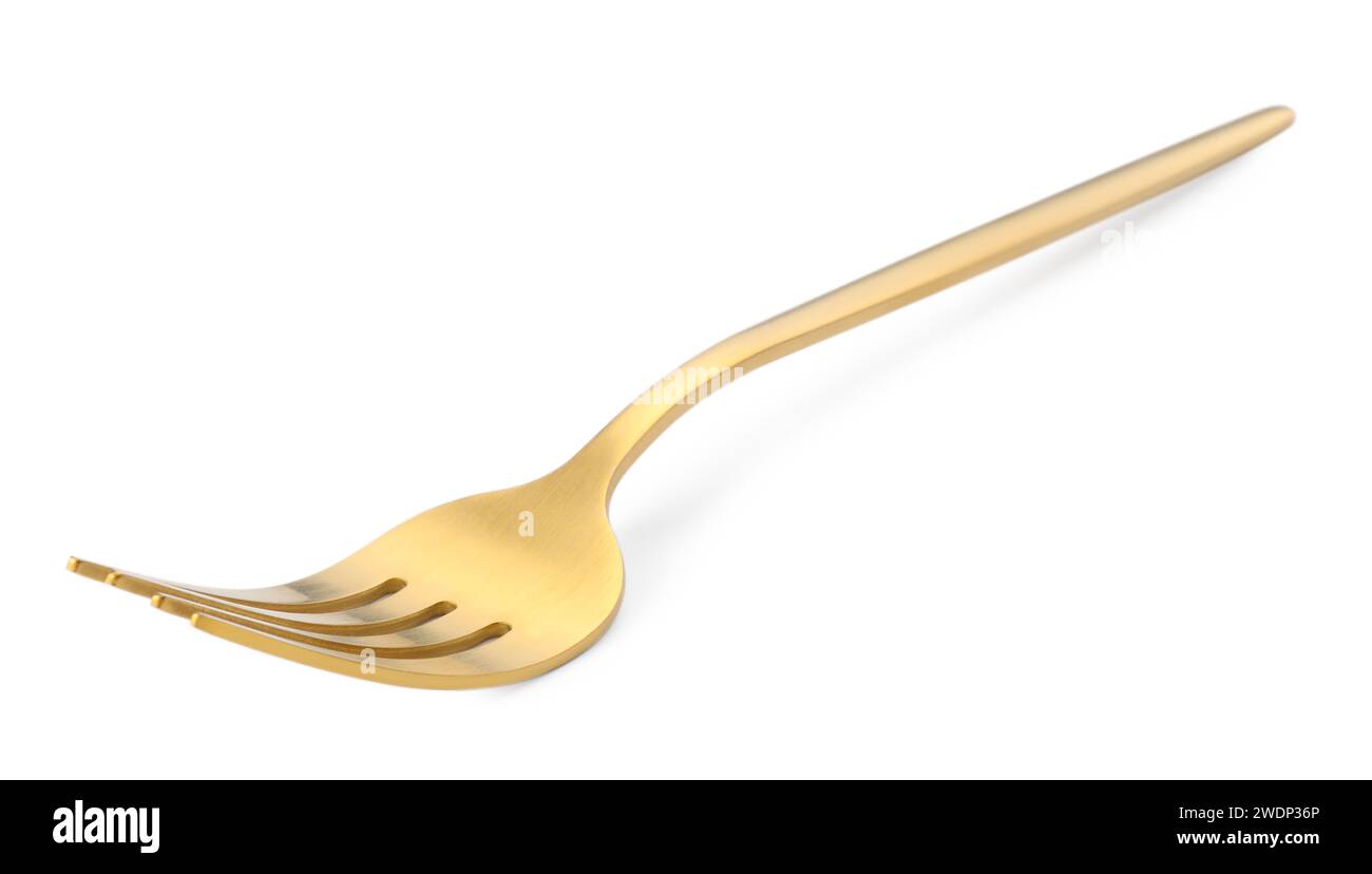 One shiny golden fork isolated on white Stock Photo - Alamy