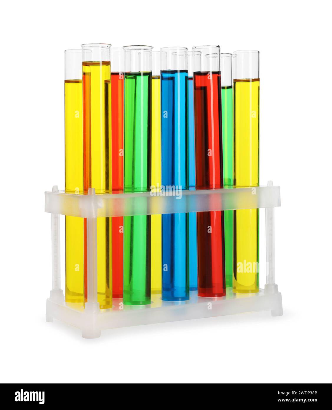 Many test tubes with colorful liquids in stand isolated on white Stock ...
