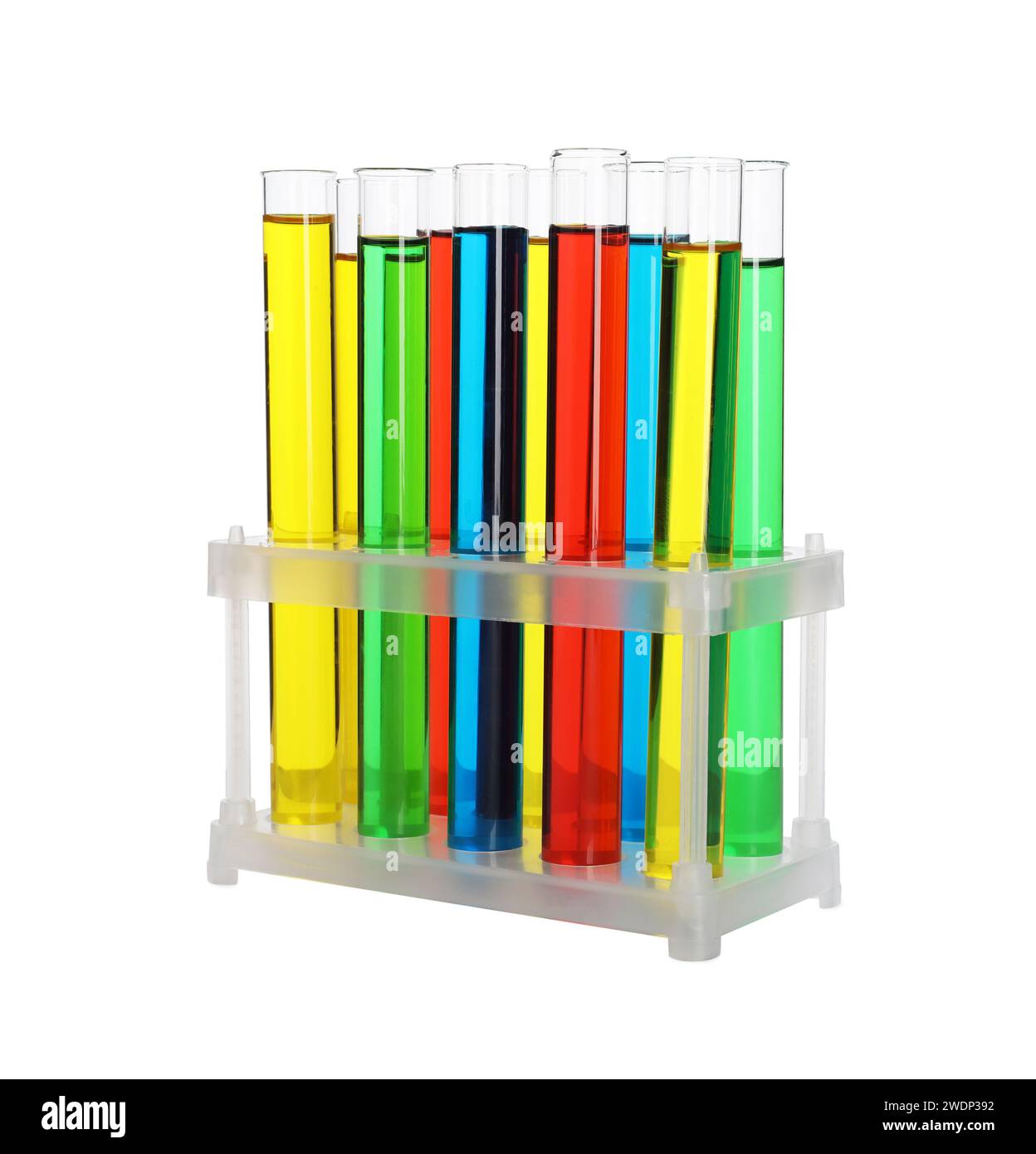 Many test tubes with colorful liquids in stand isolated on white Stock ...