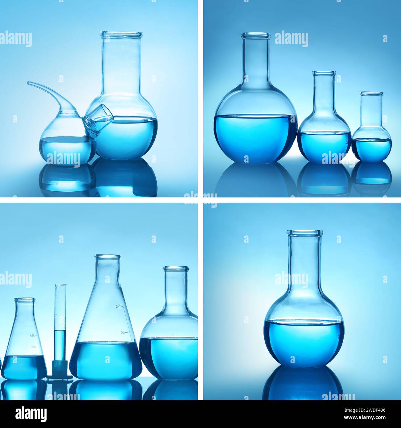 Laboratory glassware. Different flasks and test tubes with samples ...