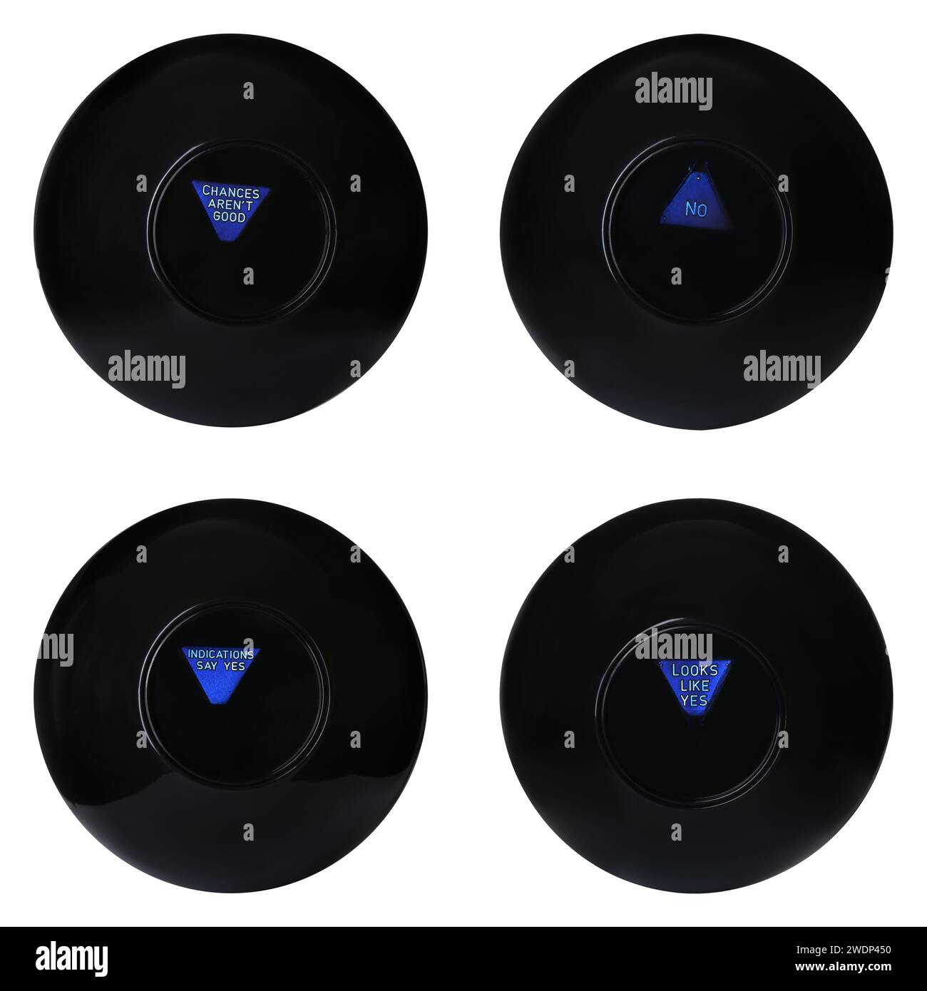 Magic eight ball with different predictions isolated on white ...