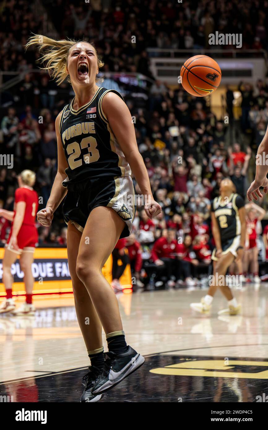 Purdue guard Abbey Ellis (23) reacts after a teammate hit a 3-point ...