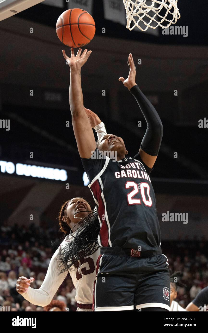 South Carolina forward Sania Feagin (20) shoots the ball as Texas A&M ...