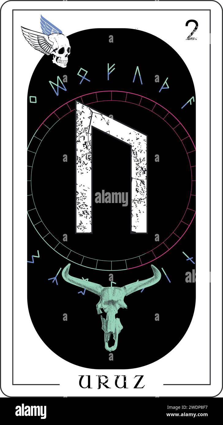 Viking tarot card with runic alphabet. Runic letter called Uruz next to ...