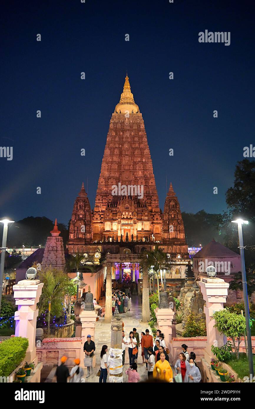 Central path & gateway to Mahabodhi Temple at dusk, originally built by ...