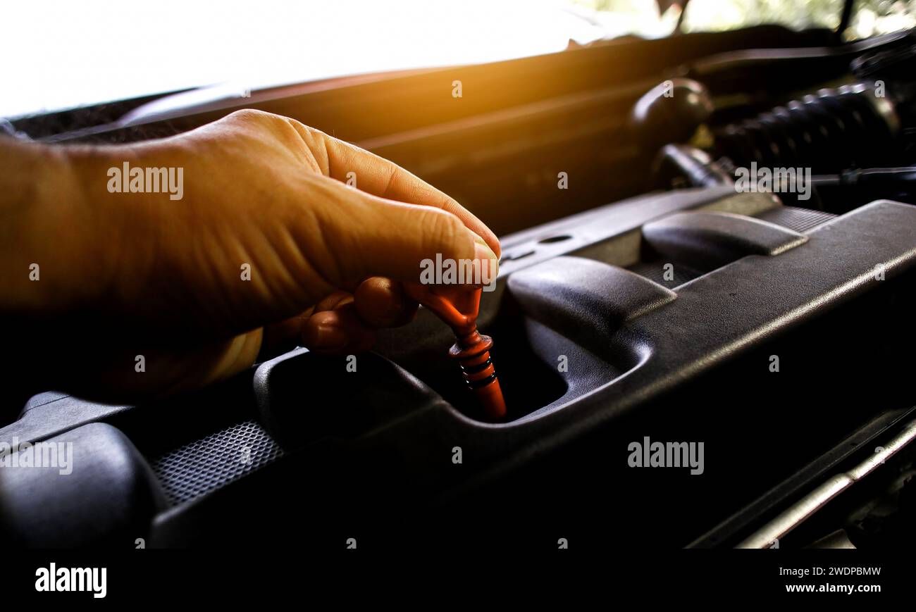 The auto mechanic pulls the dipstick to check the engine oil level , Car maintenance service ...