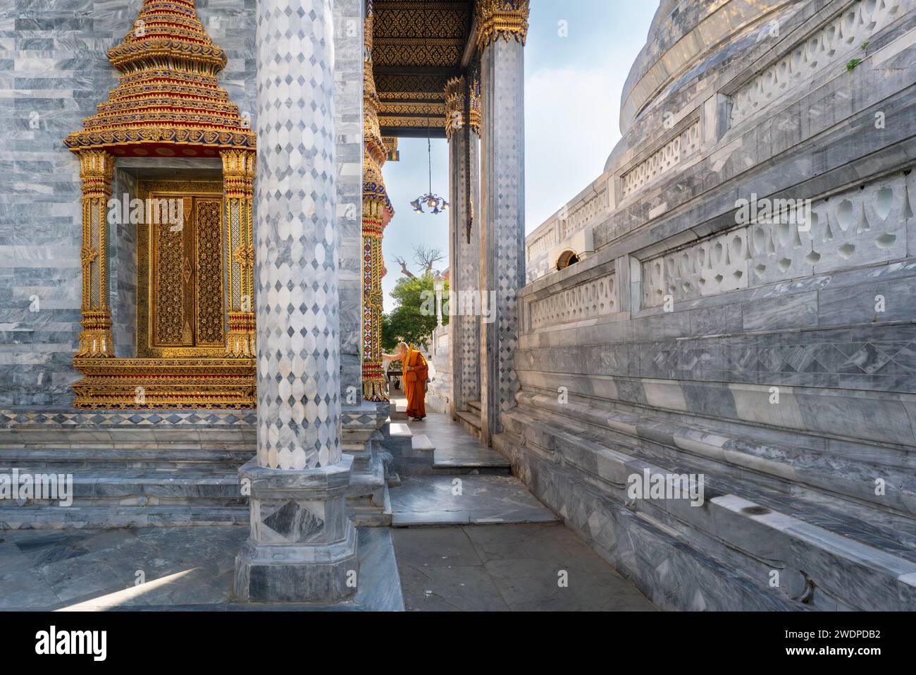 Bangkok, Thailand - Dec 5, 2023: A monk was going inside Wat Rajapradit ...