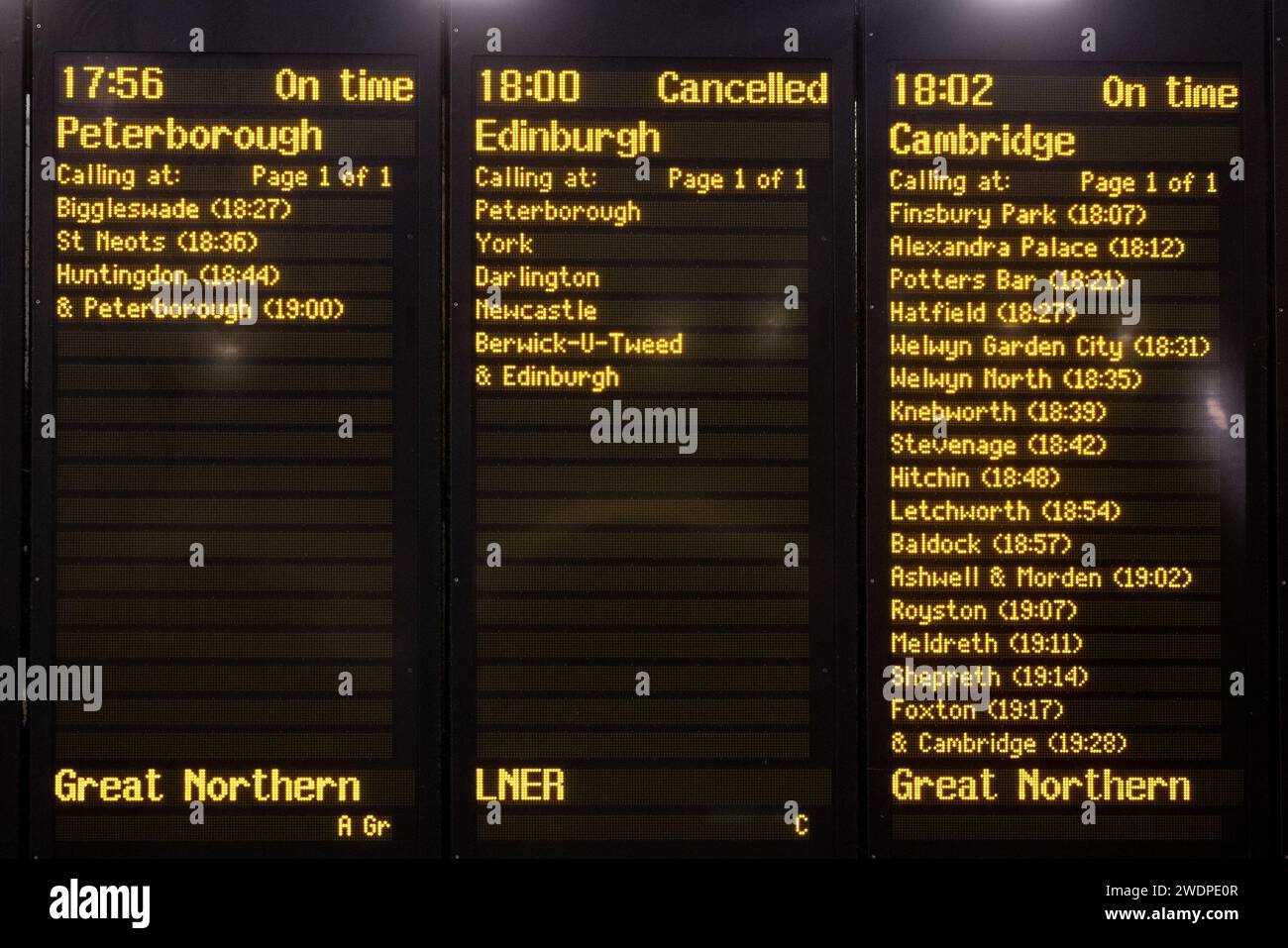 London, UK. 21st Jan, 2024. A noticeboard with the current status of ...