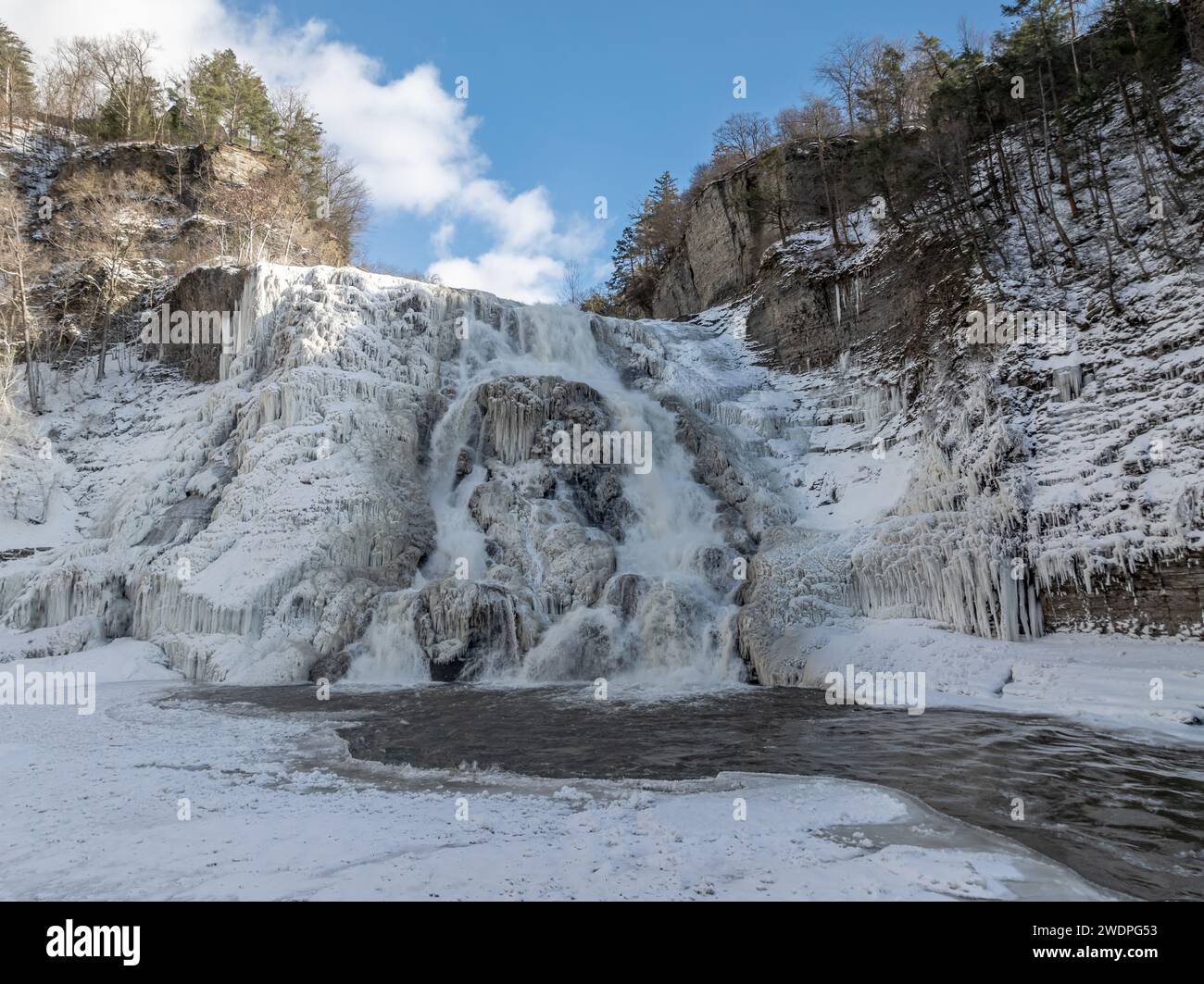 Afternoon winter aerial photo of frozen Ithaca Falls on Fall Creek ...