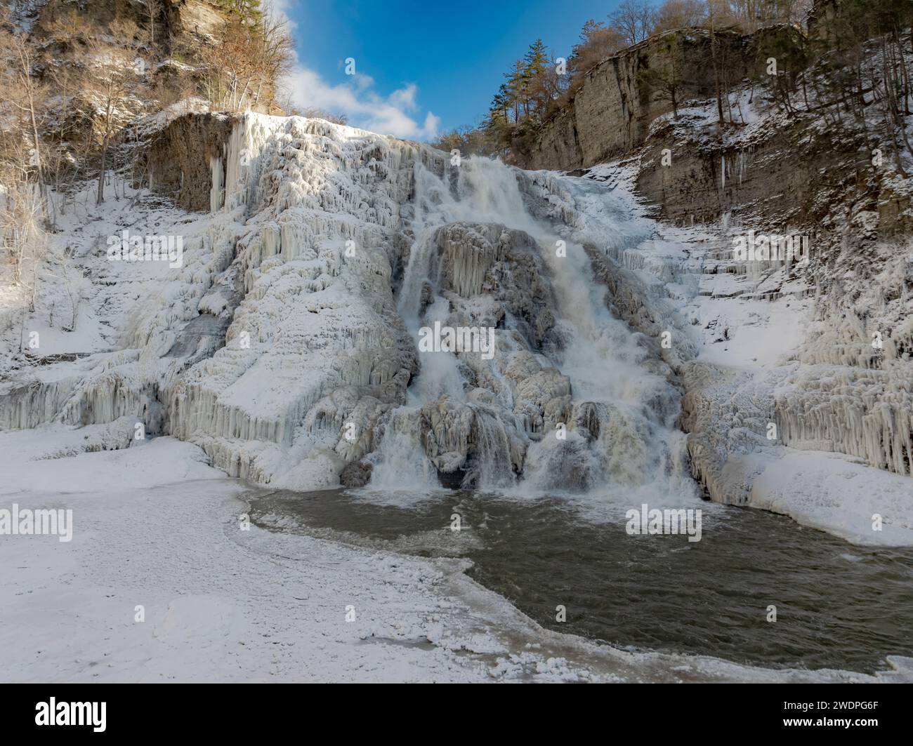 Afternoon winter aerial photo of frozen Ithaca Falls on Fall Creek ...