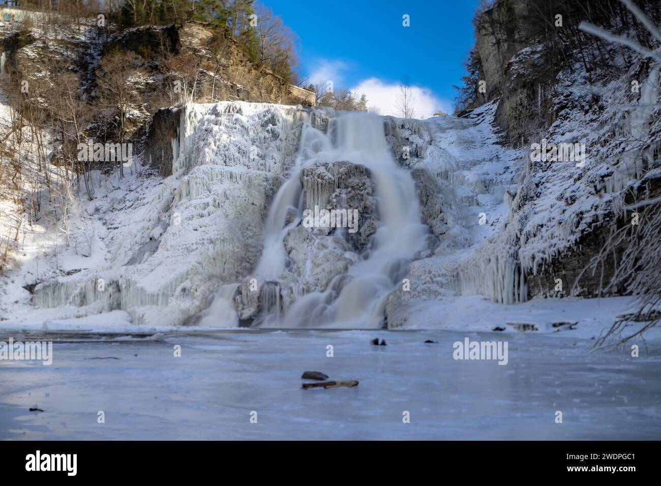 Afternoon winter aerial photo of frozen Ithaca Falls on Fall Creek ...