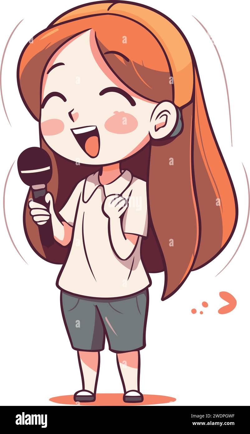 Cute little girl singing karaoke with microphone. Vector illustration ...