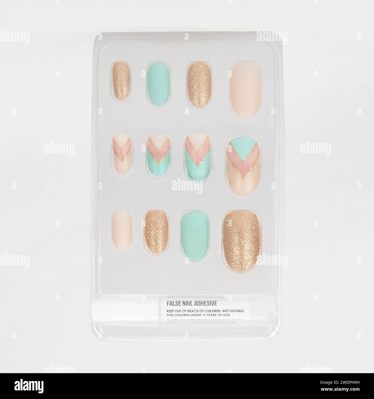 realistic set of colored false nails adhesive isolated on white ...