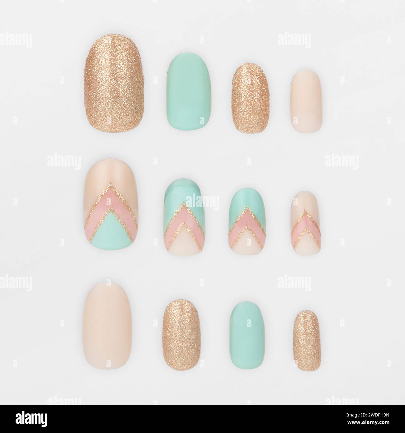 realistic set of colored false nails adhesive isolated on white ...