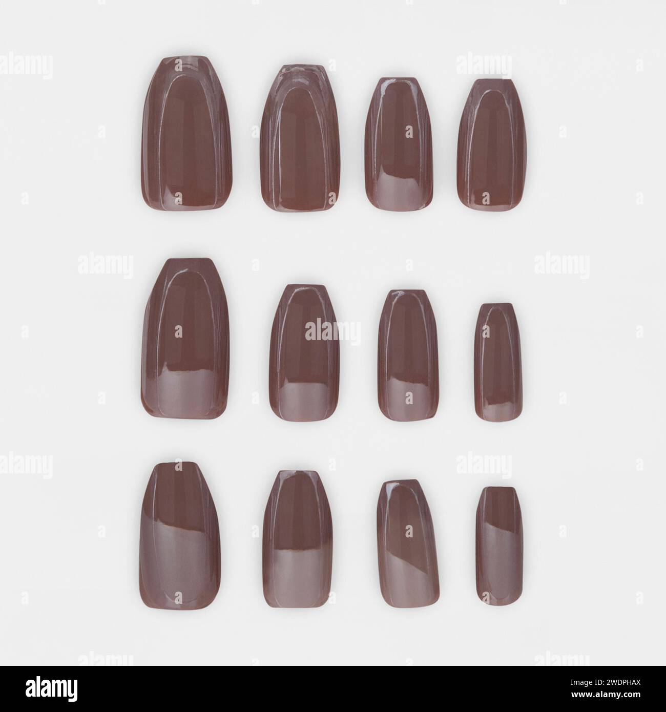 realistic set of colored false nails adhesive isolated on white ...
