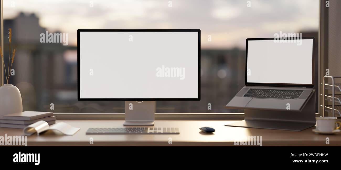 A white-screen PC computer and notebook laptop mockup and office ...