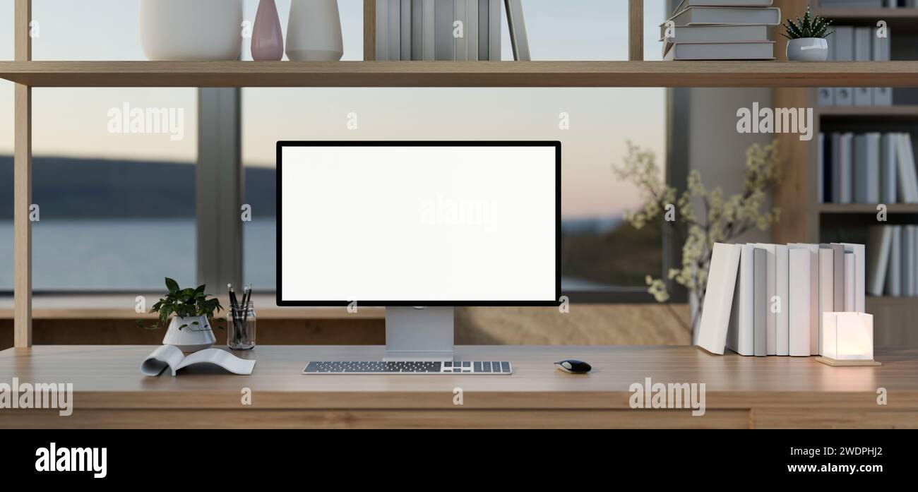 Modern, luxury home workspace with a white-screen PC computer mockup ...