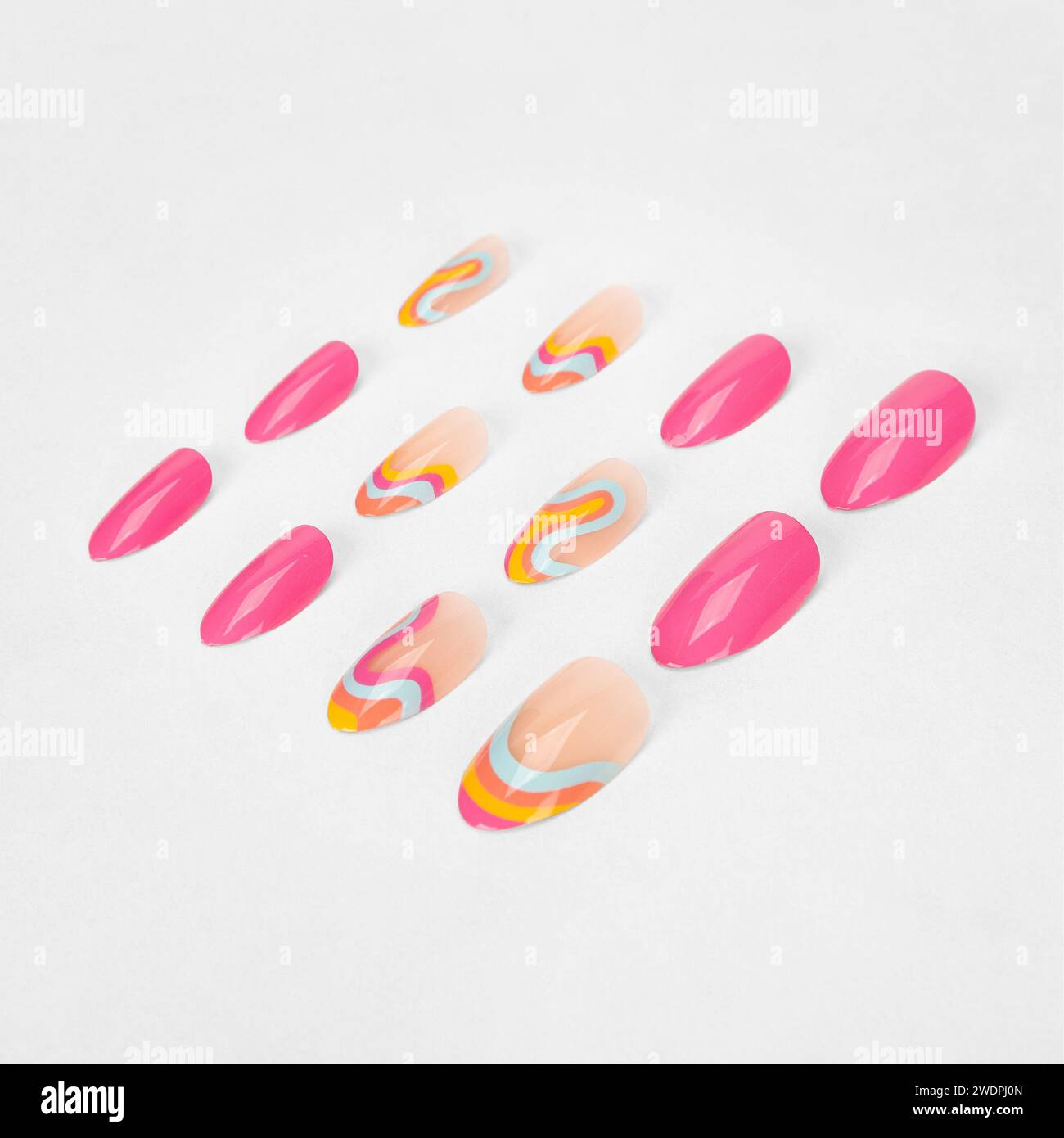 realistic set of colored false nails adhesive isolated on white ...