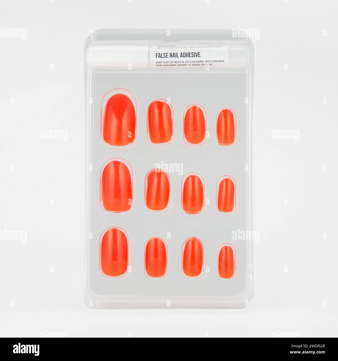 realistic set of colored false nails adhesive isolated on white ...