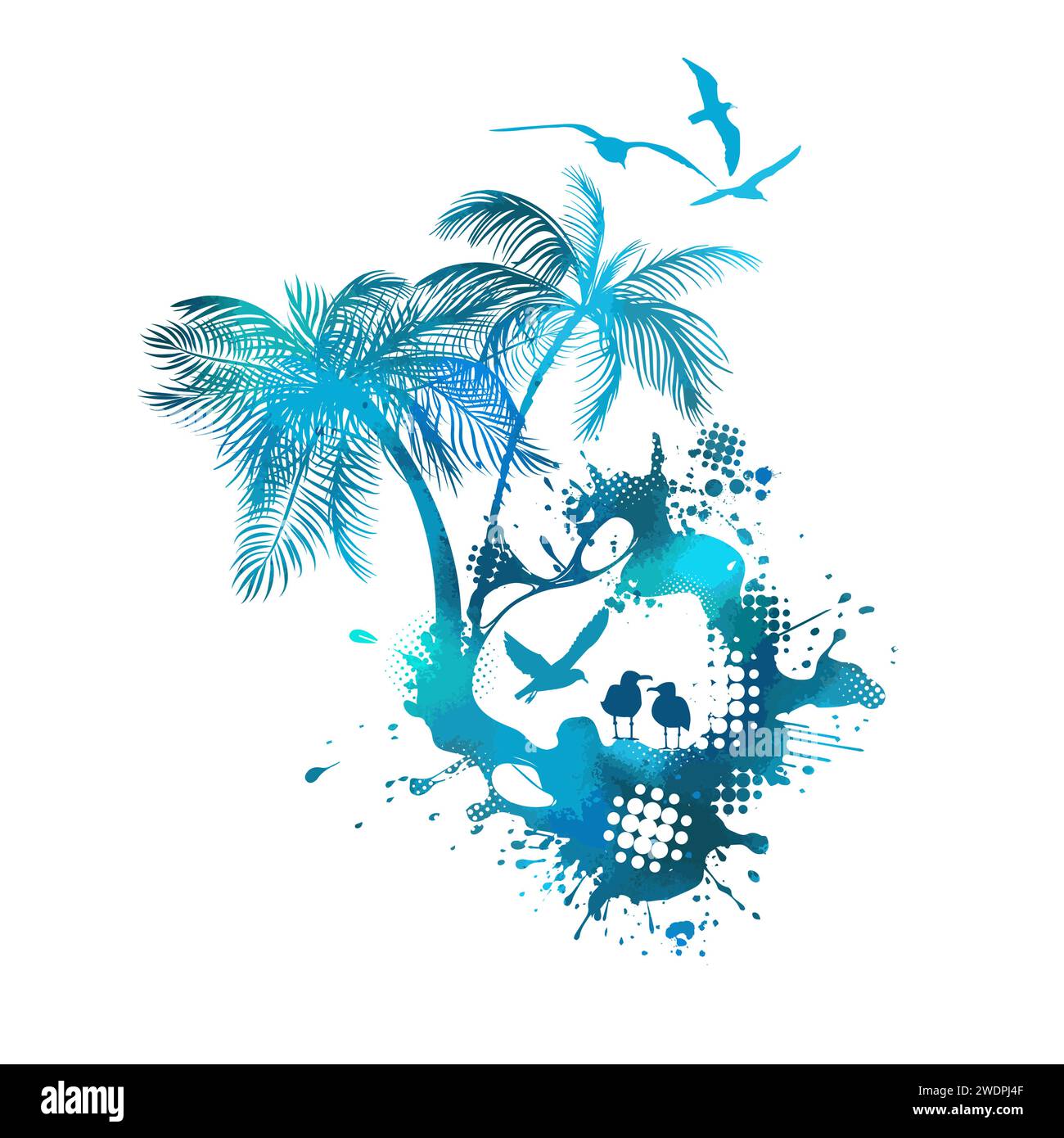 Silhouette of a blue palm tree on a white background with seagulls ...