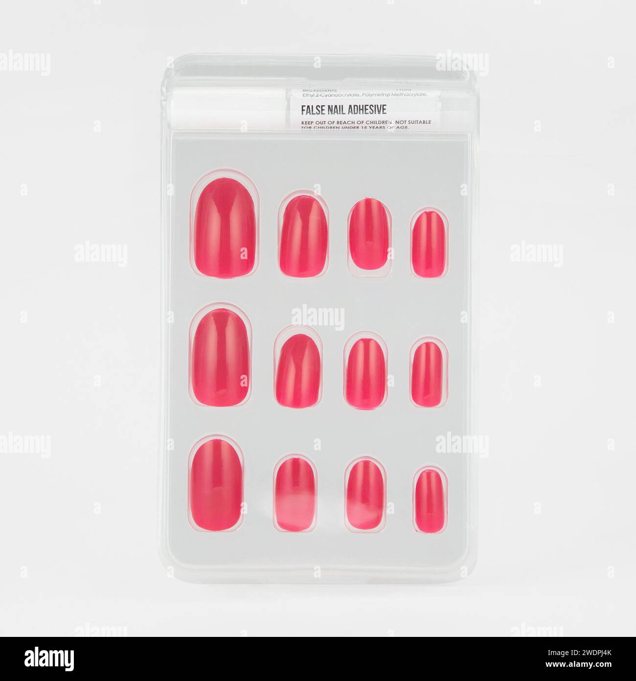 realistic set of colored false nails adhesive isolated on white ...