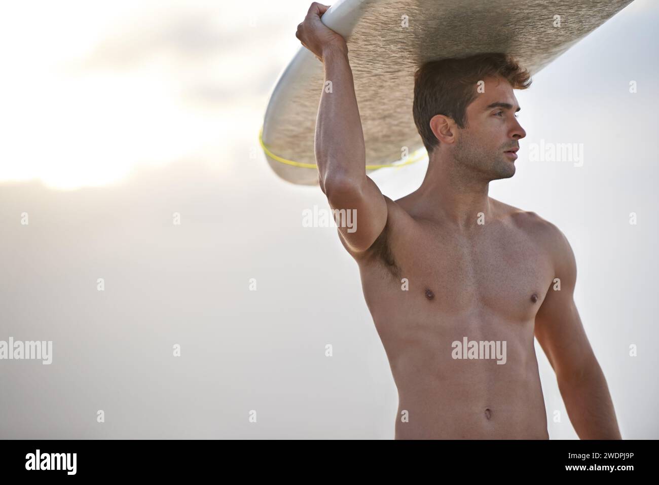 Fitness, beach and man thinking with a surfboard for wellness, sports ...