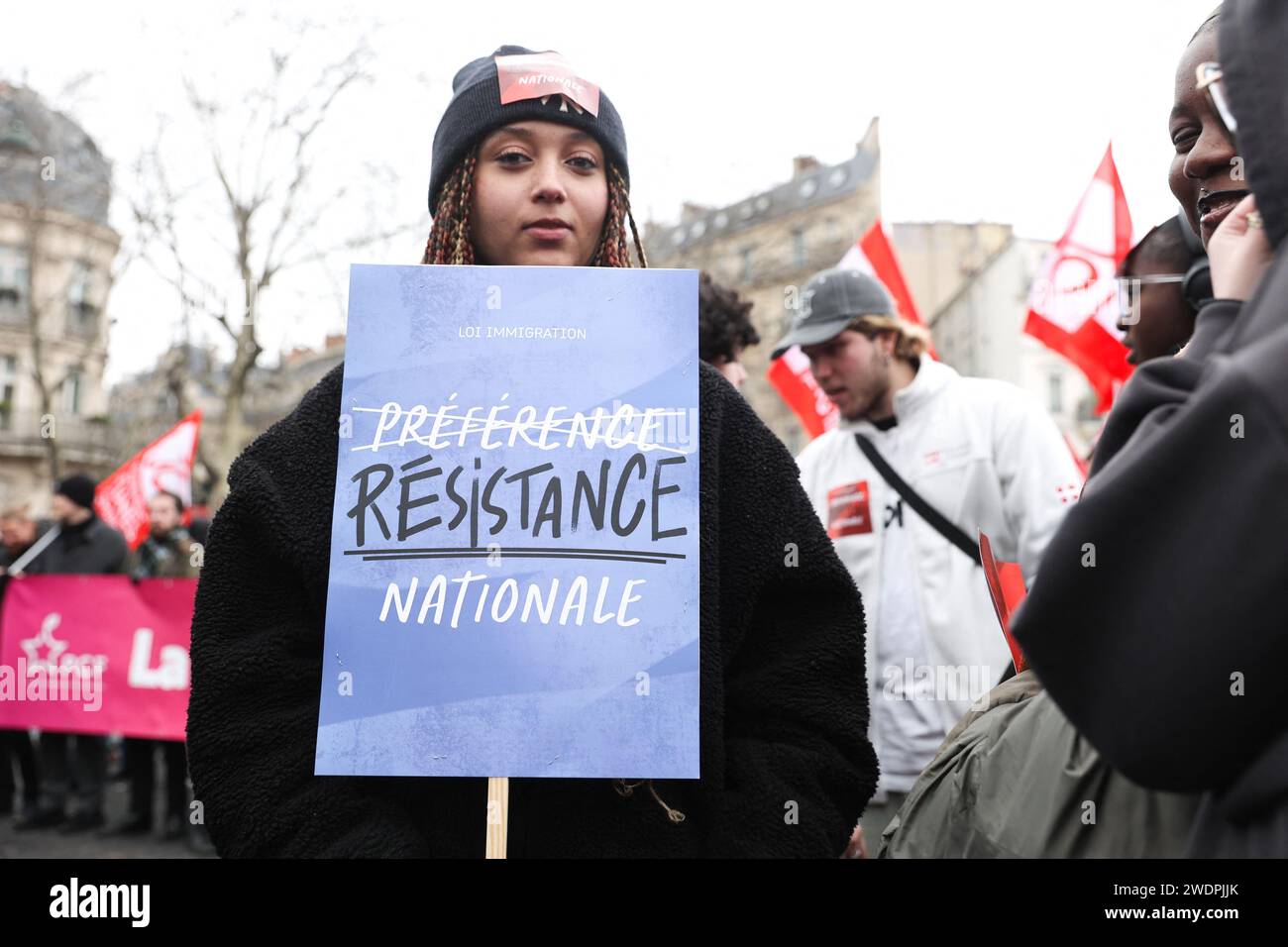 Paris, France. 21st Jan, 2024. A demonstrator holding a placard with ...