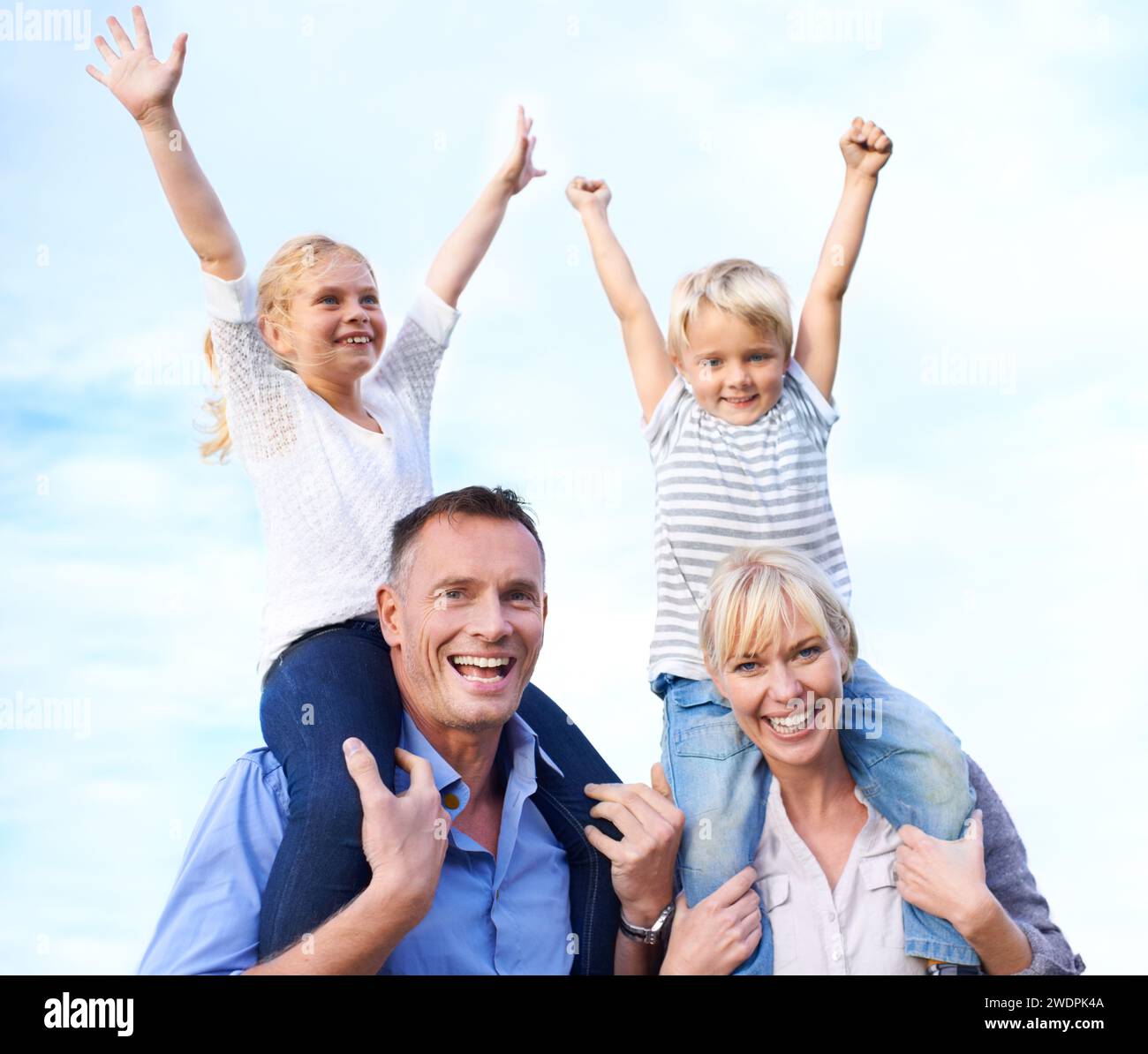 Portrait, piggy back and parents with children on outdoor adventure ...