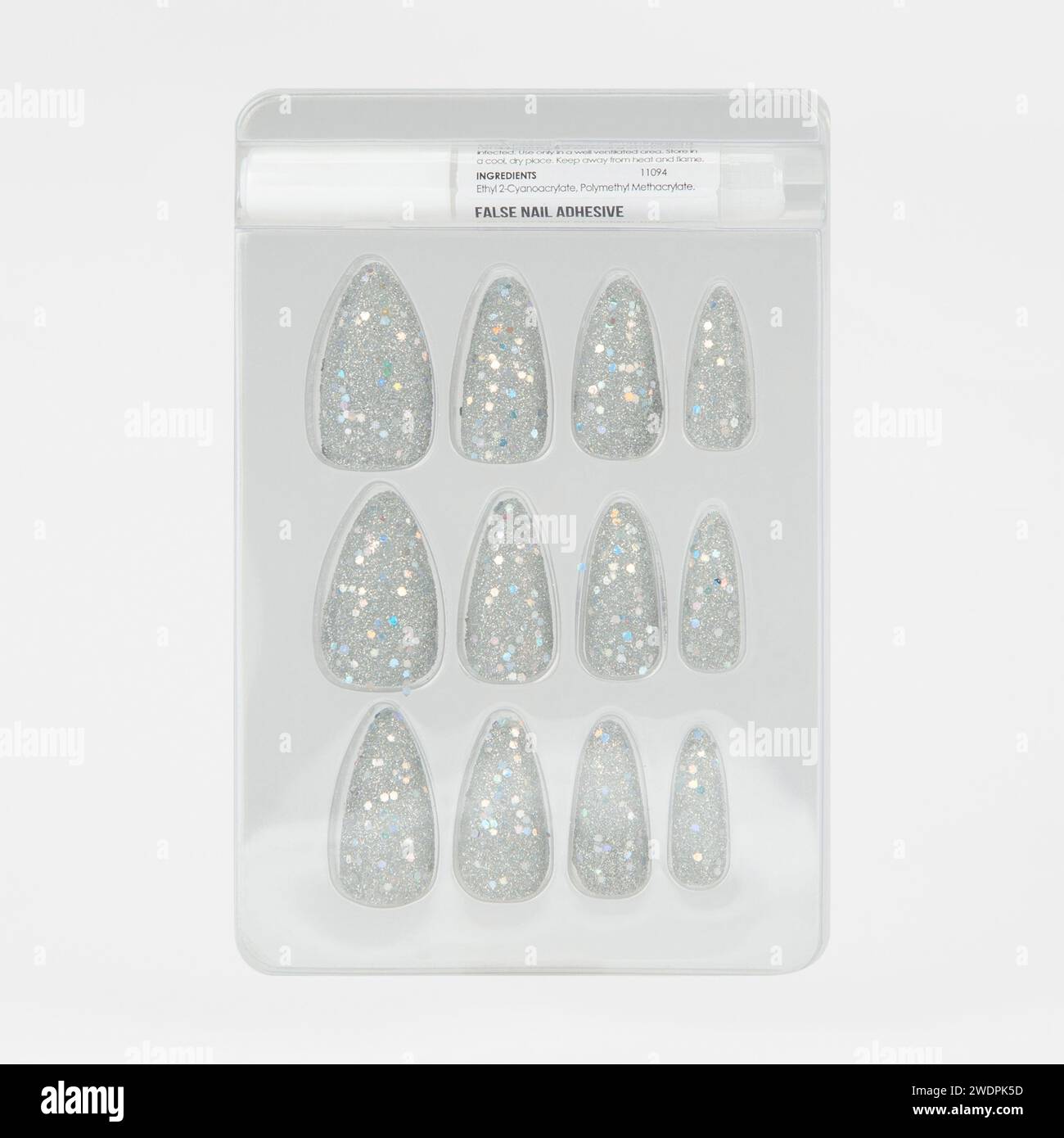 realistic set of colored false nails adhesive isolated on white ...